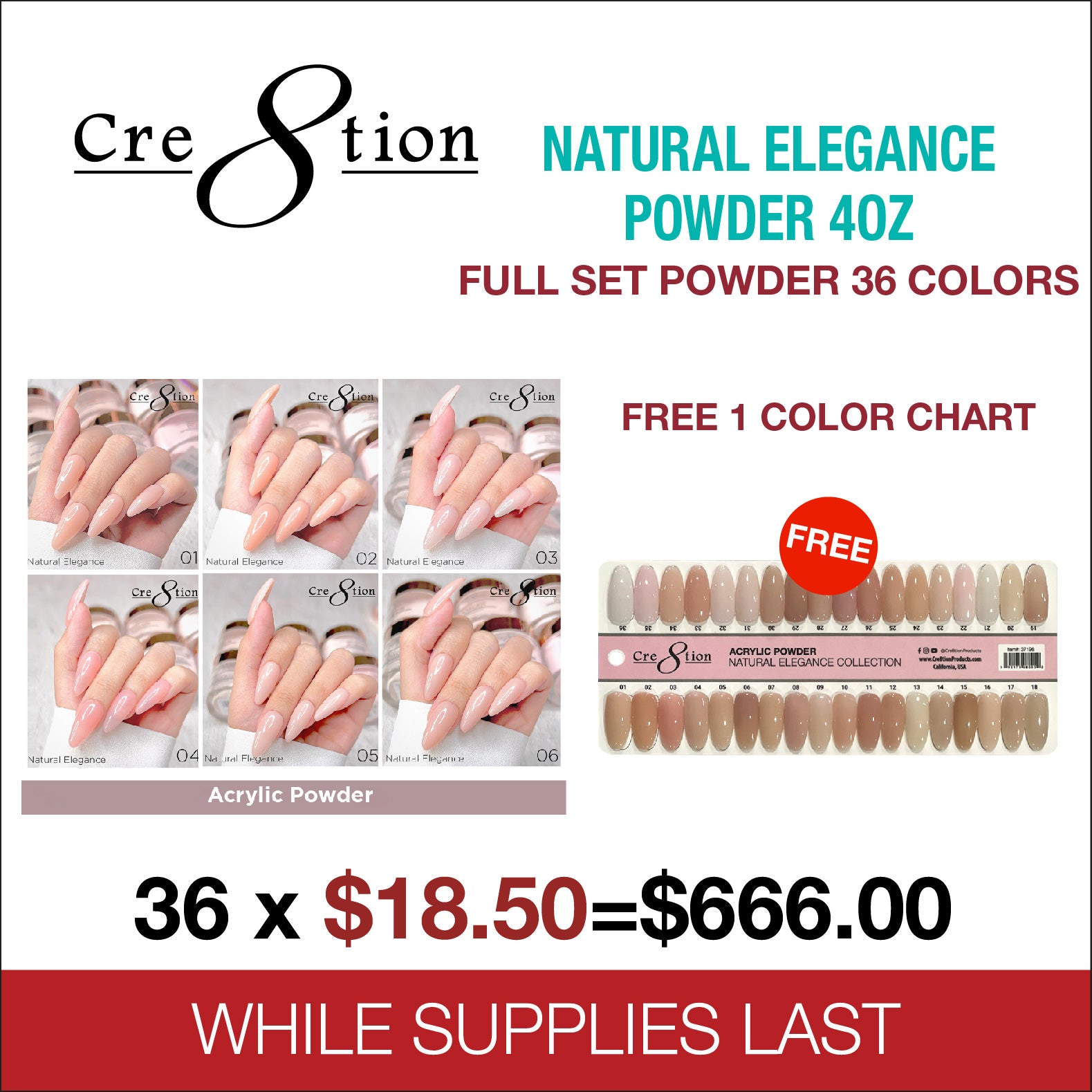 Cre8tion Natural Elegance Powder 4oz - Full Set Powder 36 Color - FREE ...