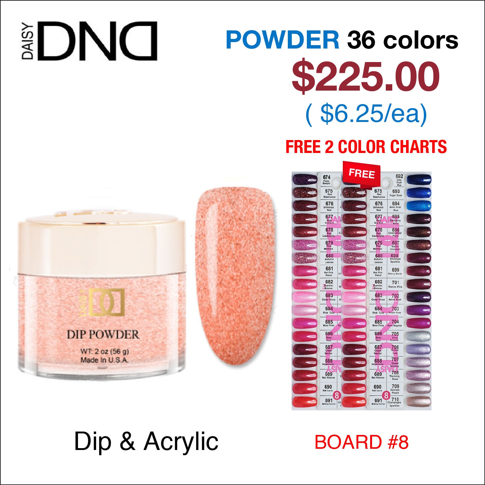 DND Dip Powder 2oz - 36 colors Board 8 (#674 - #710) w/ 2 Color Charts ...